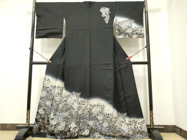 平和屋着物●訪問着　辻が花　暈し染め　黒地　金彩　正絹　逸品　DAAR0209yyy