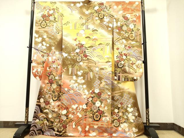 平和屋着物●豪華振袖　吉祥舞蝶花車文　暈し染め　金糸　正絹　逸品　DAAR0275yyy