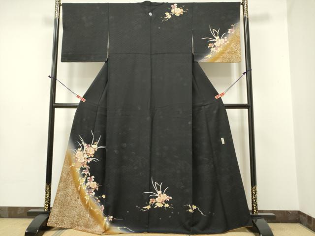平和屋着物●訪問着　作家物　草花文　暈し染め　黒地　金彩　正絹　逸品　DAAR0282yyy