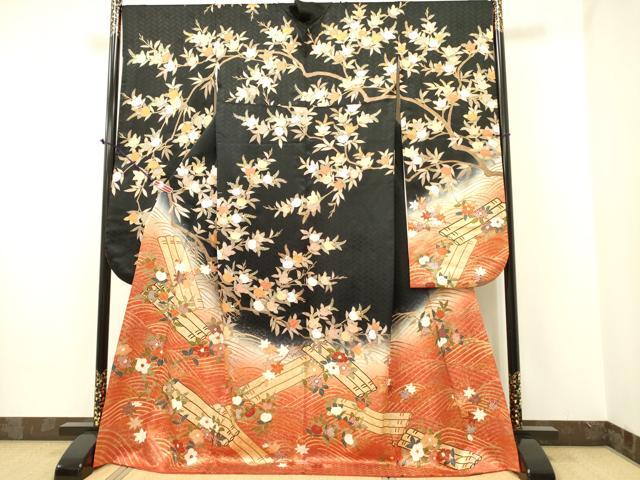 平和屋着物●十日町老舗ブランド　吉澤友禅　吾妻徳穂　振袖　駒刺繍　流水花筏文　暈し染め　金彩　正絹　逸品　DAAR0303yyy