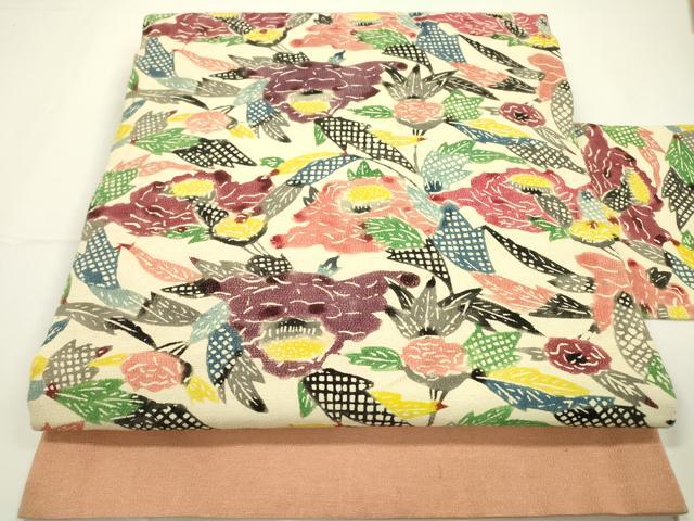 平和屋着物●九寸名古屋帯　紬地　型染　草花　正絹　逸品　DAAR0669fe