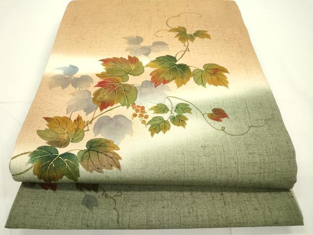 平和屋着物●太鼓柄袋帯　紬地　手描き　南天蔦の葉文　金彩　正絹　逸品　DAAR0710fe