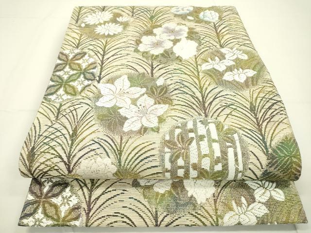 平和屋着物●両方向　全通柄袋帯　草花丸文　金糸　正絹　逸品　DAAR0716fe