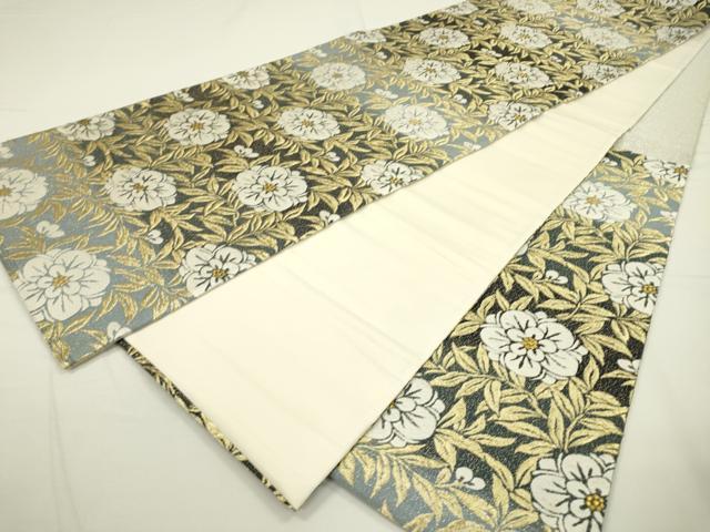 平和屋着物○六通柄袋帯 綴唐織 藍染 梅花唐地文 金糸 正絹 逸品