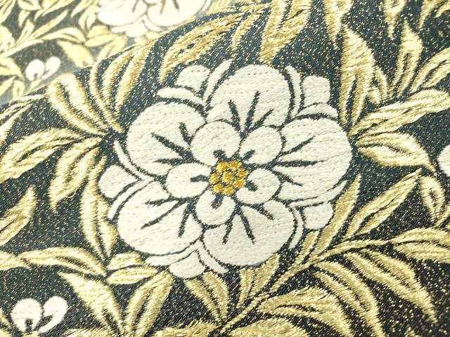 平和屋着物●六通柄袋帯　綴唐織　藍染　梅花唐地文　金糸　正絹　逸品　DAAR0722fe 平和屋着物○六通柄袋帯 綴唐織 藍染 梅花唐地文 金糸 正絹 逸品