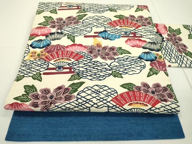 平和屋着物●九寸名古屋帯　紬地　紅型　扇面花文　正絹　逸品　DAAR0813fe