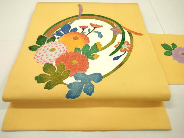 平和屋着物●塩瀬　九寸名古屋帯　作家物　菊文　金彩　正絹　逸品　DAAR0818fe