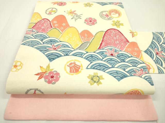 平和屋着物●九寸名古屋帯　紬地　型染　重ね山青海波花文　正絹　逸品　DAAR0840fe