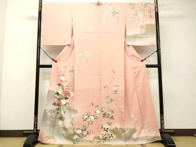 平和屋着物●訪問着　刺繍　草花文　暈し染め　金銀彩　正絹　逸品　DAAR4310tw