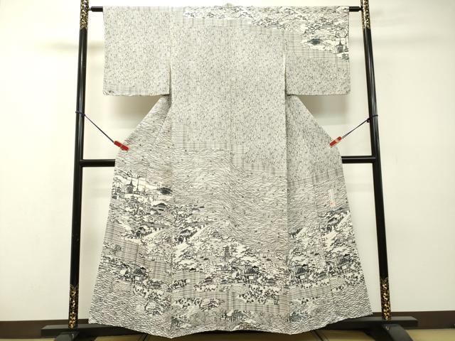 平和屋着物●人間国宝・南部芳松の息子　伝統工芸伝承者彫刻・南部幸雄　型染　訪問着　人物風景文　鬼しぼ縮緬　正絹　逸品　DAAR4349tw