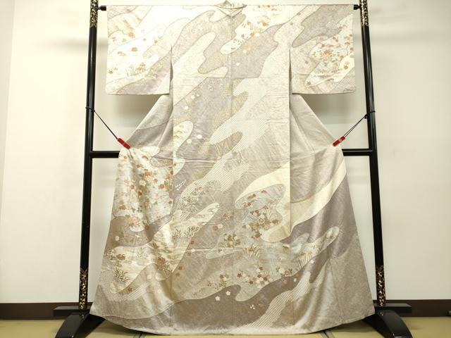 平和屋着物●訪問着　絞り　流水鴛鴦草花文　金彩　正絹　逸品　DAAR4362tw