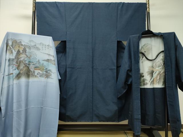 平和屋着物●男性　紬　アンサンブル　長羽織：髭紬・長羽織(袷)セット　青藍色　正絹　逸品　未使用　DAAR4402tw