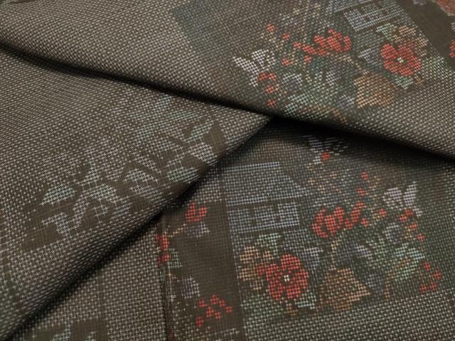 平和屋着物●本場大島紬　9マルキ　色紙風景草花文　正絹　逸品　DAAR4483tw