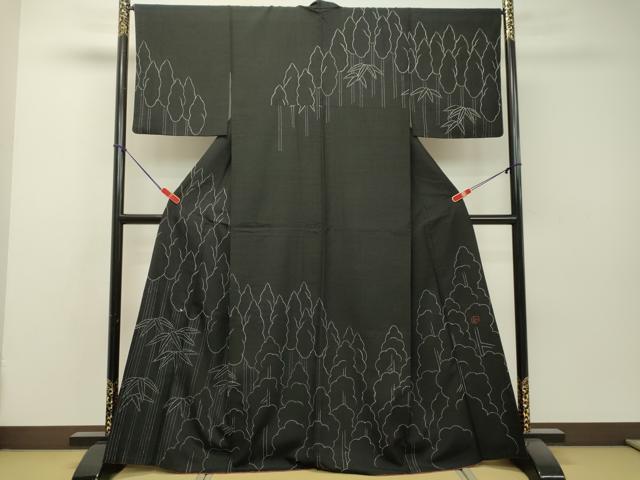 平和屋着物●訪問着　作家物　紬地　総刺繍　刺し子　樹林文　黒地　正絹　逸品　DAAR4515tw