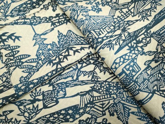 平和屋着物▽本藍　型絵染　小紋　単衣　松竹梅　風景文　正絹　逸品　DAAR5501du