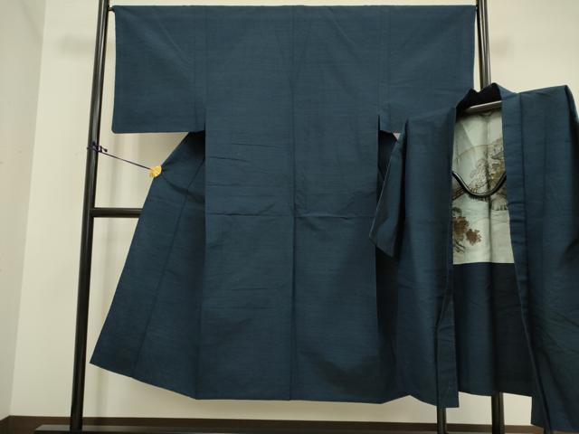 平和屋着物▽男性　紬　単衣　アンサンブル　暗い藍鉄色　正絹　逸品　DAAR5515du