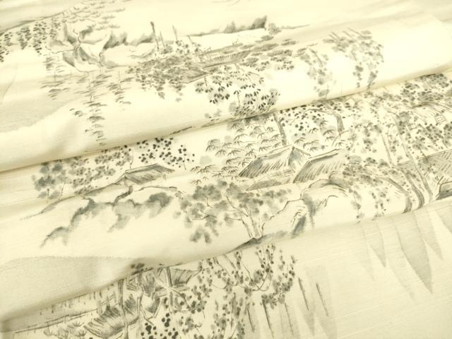 平和屋着物▽上質な紬　単衣　風景文　正絹　逸品　DAAS0123az