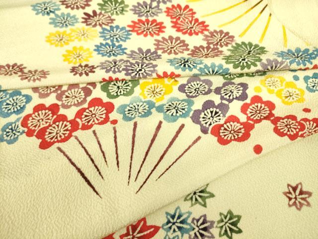 平和屋着物▽上質な小紋　単衣　型染　扇面花文　鬼しぼ縮緬　正絹　逸品　DAAS0124az
