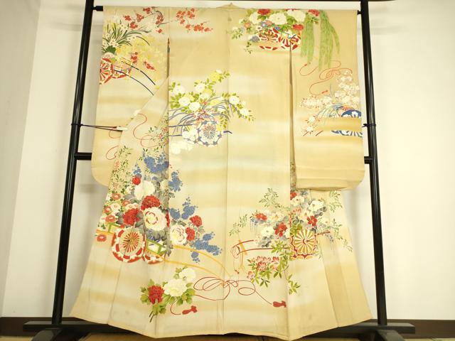 平和屋着物▽アンティーク　大正ロマン　振袖　単衣　刺繍　花車文　暈し染め　金彩　正絹　逸品　DAAS0240az