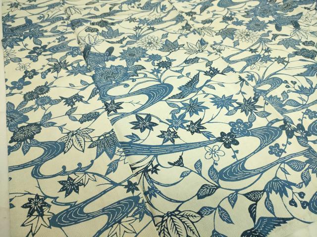 平和屋着物▽本藍　型染　小紋　単衣　流水花鳥文　正絹　逸品　DAAS0252az