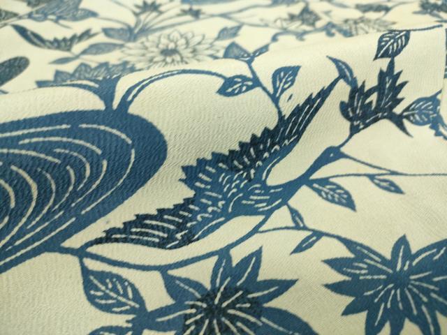 平和屋着物▽本藍　型染　小紋　単衣　流水花鳥文　正絹　逸品　DAAS0252az 平和屋着物▽本藍 型染 小紋 単衣 流水花鳥文 正絹 逸品