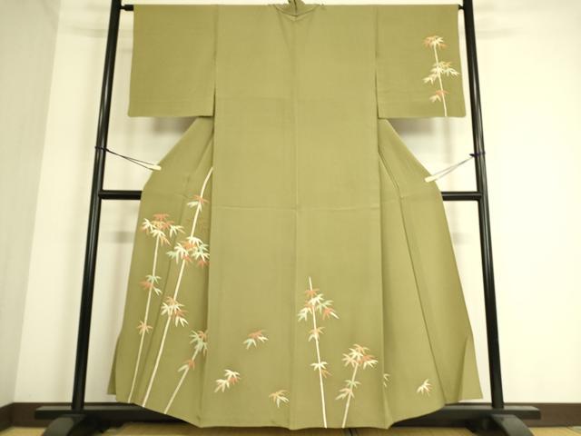 平和屋着物▽訪問着　単衣　駒刺繍　笹竹文　金彩　正絹　逸品　DAAS0440az