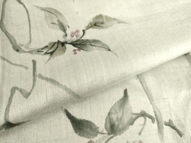 平和屋着物▽上質な紬　単衣　手描き　蔦の葉花文　正絹　逸品　DAAS0467az
