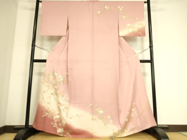 平和屋着物▽訪問着　単衣　菊牡丹文　暈し染め　金彩　正絹　逸品　DAAS0724az