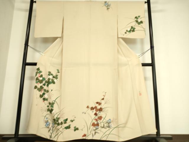 平和屋着物▽訪問着　単衣　作家物　草花文　金彩　正絹　逸品　DAAS0997az