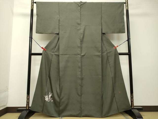 平和屋着物●上質な紬　作家物　猫　ネコ　柳煤竹色　正絹　逸品　DAAS2455tw