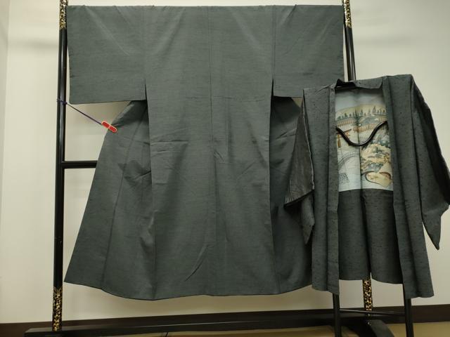 平和屋着物●男性　紬　アンサンブル　灰色　正絹　逸品　DAAS2464tw