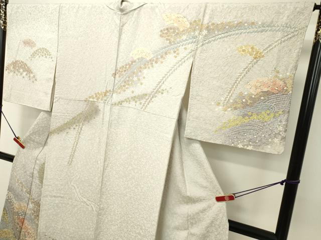 平和屋着物○訪問着 総絞り 流水扇面花文 黒地 金銀彩 正絹 逸品