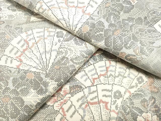 平和屋着物●本場大島紬　白大島　9マルキ　檜扇草花文　正絹　逸品　DAAS2496tw