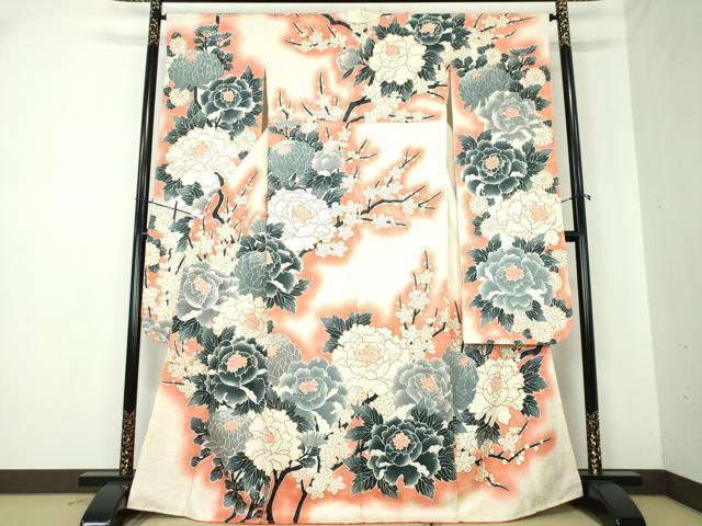 平和屋着物●名門　藤娘きぬたや・総絞り　振袖　枝梅　牡丹　正絹　逸品　DAAS3006ps