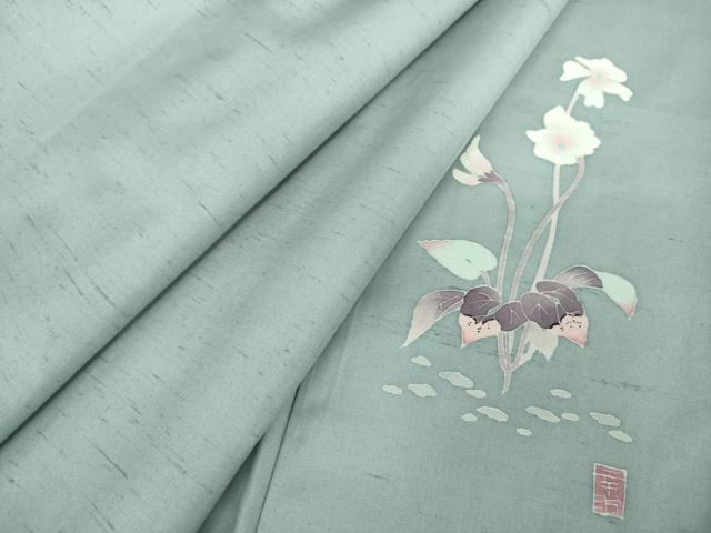 平和屋着物●本加賀友禅作家　岡本幸治監修　白山紬　色無地　青磁鼠色　正絹　逸品　DAAS3016ps