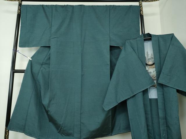 平和屋着物●男性　紬　アンサンブル　長羽織　高麗納戸色　正絹　逸品　未使用　DAAS3071ps