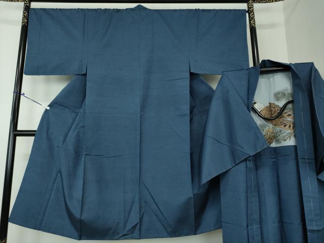 平和屋着物●男性　紬　アンサンブル　長羽織　色無地　紺地　正絹　逸品　DAAS3091ps