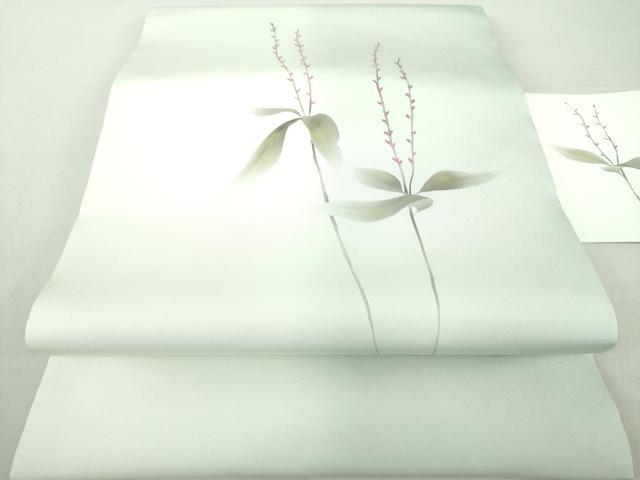 平和屋着物●塩瀬　九寸名古屋帯　手描き　草花文　金彩　正絹　逸品　DAAS3104ps