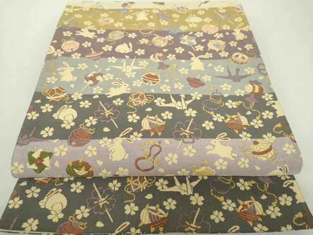 平和屋着物●全通柄袋帯　唐織　兎　折り鶴　舞桜　鈴　瓢箪　正絹　逸品　DAAS3187ps