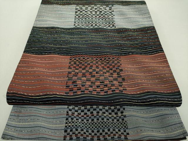 平和屋着物●六通柄袋帯　草木染　横段よろけ縞　金糸　正絹　逸品　DAAS3196ps