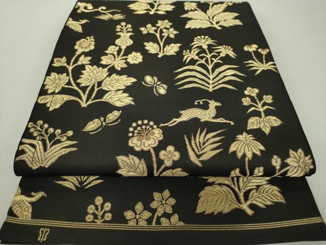 平和屋着物●西陣　川島織物　六通柄　本袋帯　蝶獣花文　黒地　金糸　正絹　逸品　DAAS3234ps