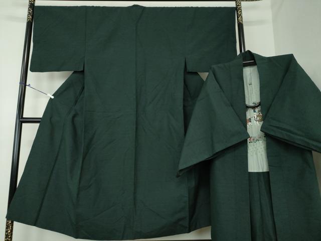平和屋着物●男性　紬　アンサンブル　長羽織　色無地　深緑色　正絹　逸品　DAAS3307ps