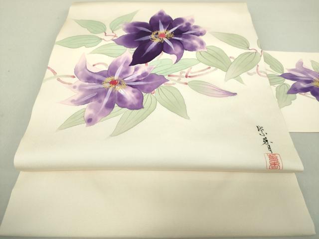 平和屋着物●染色作家　桐山紫香　手描き　塩瀬　九寸名古屋帯　草花文　正絹　逸品　DAAS3545ps