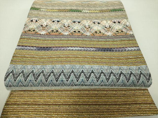 平和屋着物●六通柄袋帯　リボン織　横段文　金銀糸　正絹　逸品　DAAS3581ps