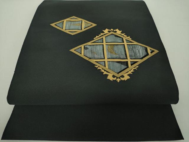 平和屋着物●爪掻き本綴れ　八寸名古屋帯　透かし窓　三日月　黒地　金糸　正絹　逸品　DAAS3599ps