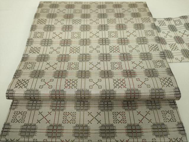 平和屋着物●全通柄九寸名古屋帯　花織　変わり格子　正絹　逸品　DAAS3605ps