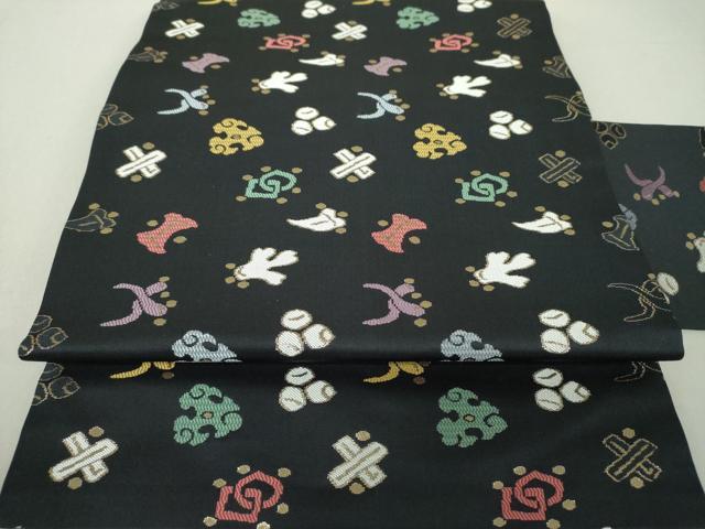 平和屋着物●九寸名古屋帯　宝尽くし　黒地　金糸　正絹　逸品　DAAS3609ps