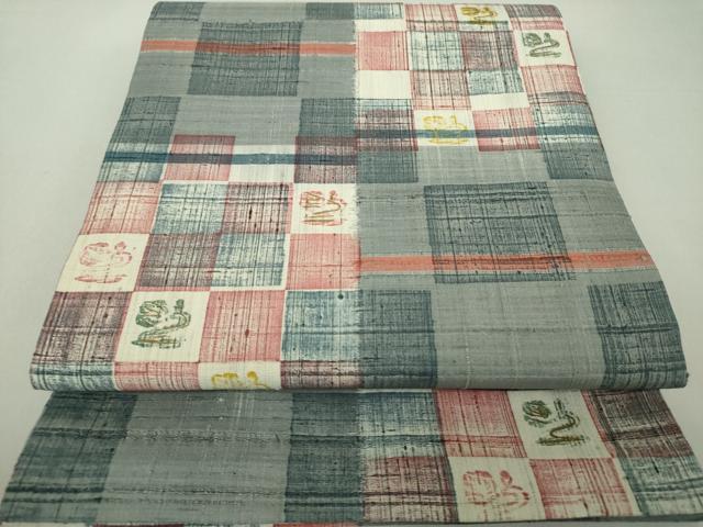 平和屋着物●九寸開き名古屋帯　生紬　変わり市松　正絹　逸品　未使用　DAAS3610ps