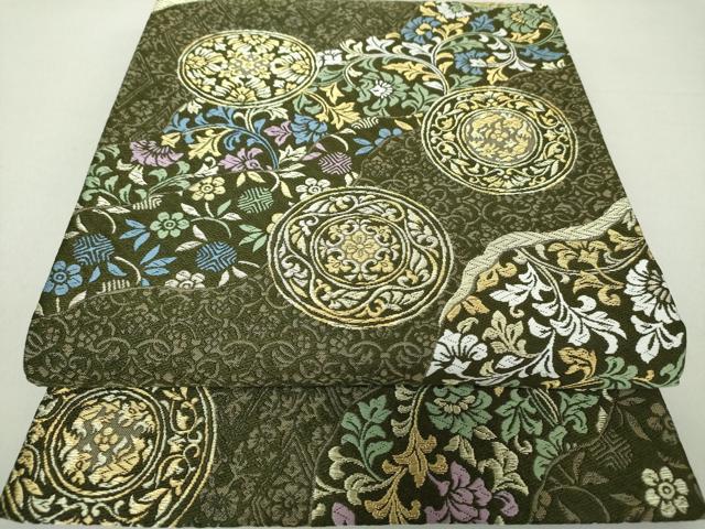 平和屋着物●六通柄袋帯　唐織　道長花文　笹蔓緞子　金糸　正絹　逸品　DAAS3616ps