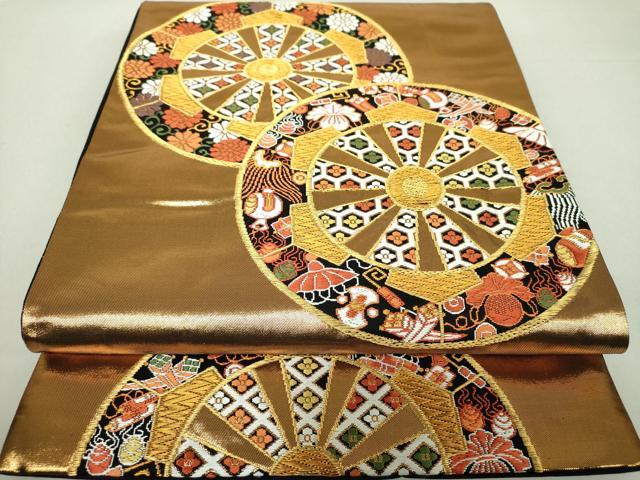 平和屋着物●西陣　河合美術織物謹製　六通柄袋帯　唐織　源氏車　宝尽くし花文　金糸　正絹　逸品　DAAS3635ps